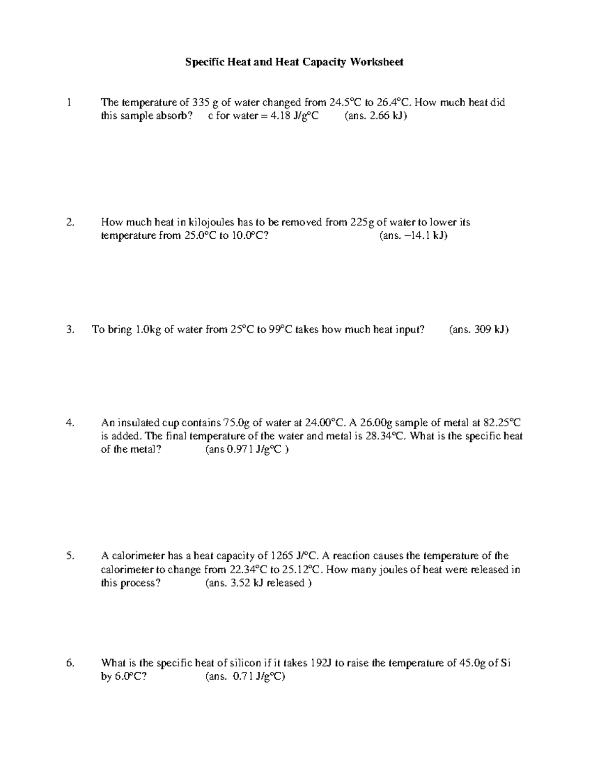 Specific heat capacity worksheet - Specific Heat and Heat Capacity ...