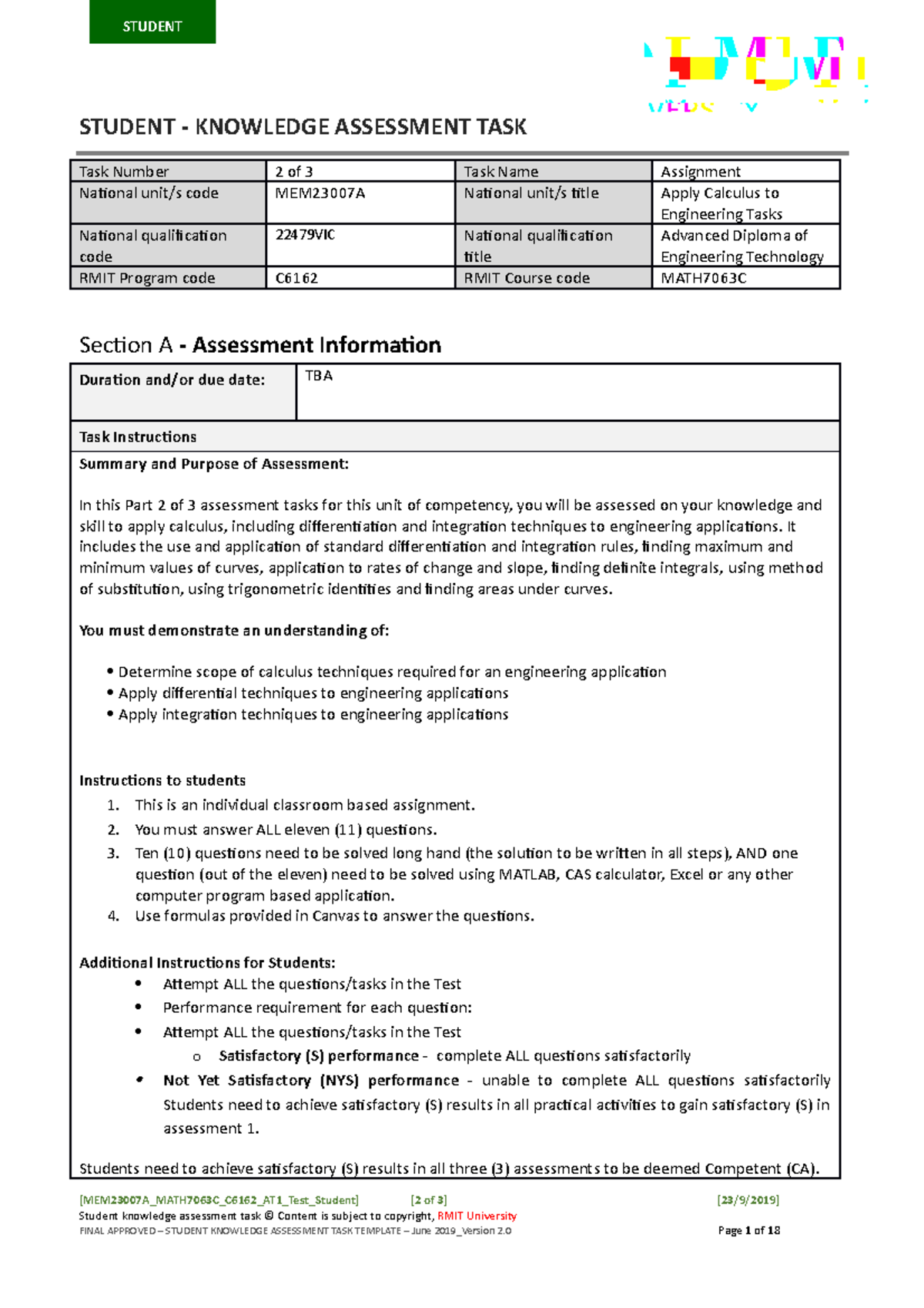 MEM23007 A MATH7063C C6162 AT2 Assignment Student - STUDENT - KNOWLEDGE ...