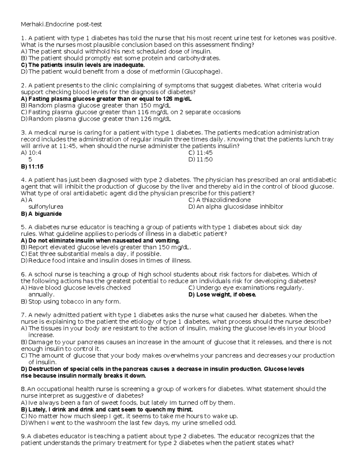 Endocrine post test KEY - Merhaki post-test A patient with type 1 ...