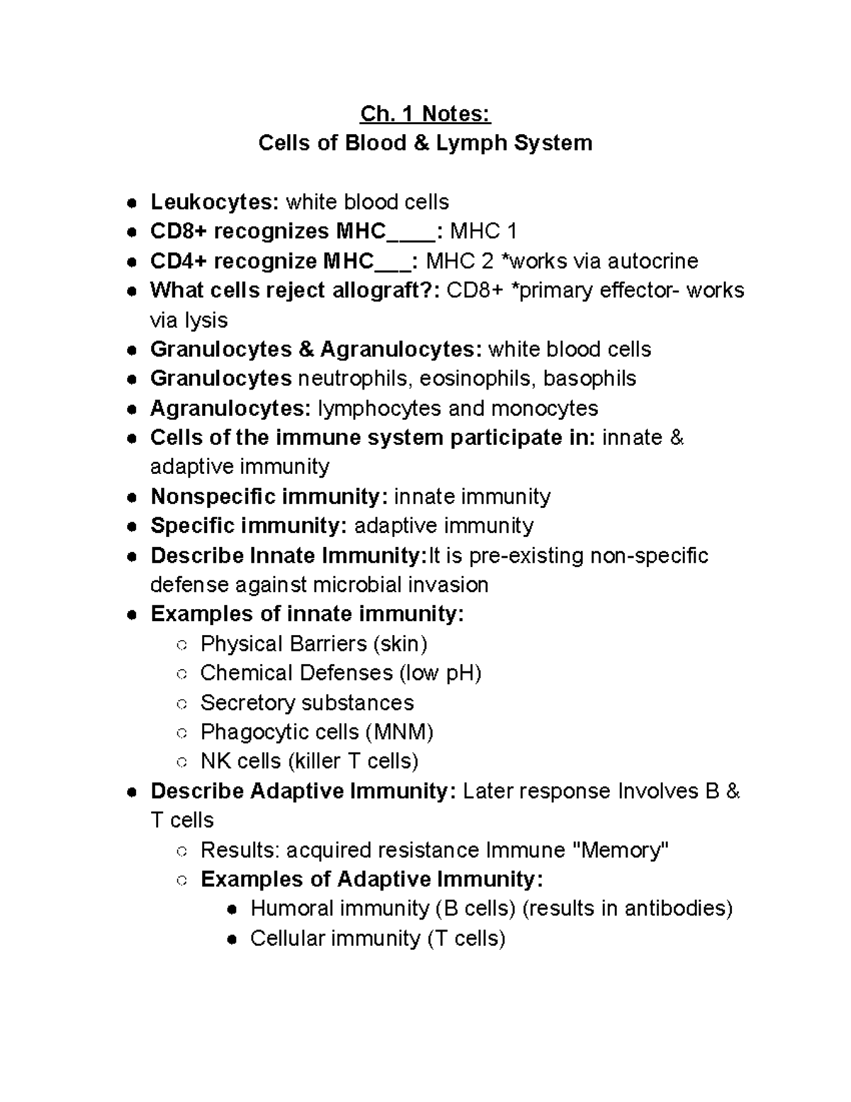 Chapter 1 notes - Ch. 1 Notes: Cells of Blood & Lymph System Leukocytes ...