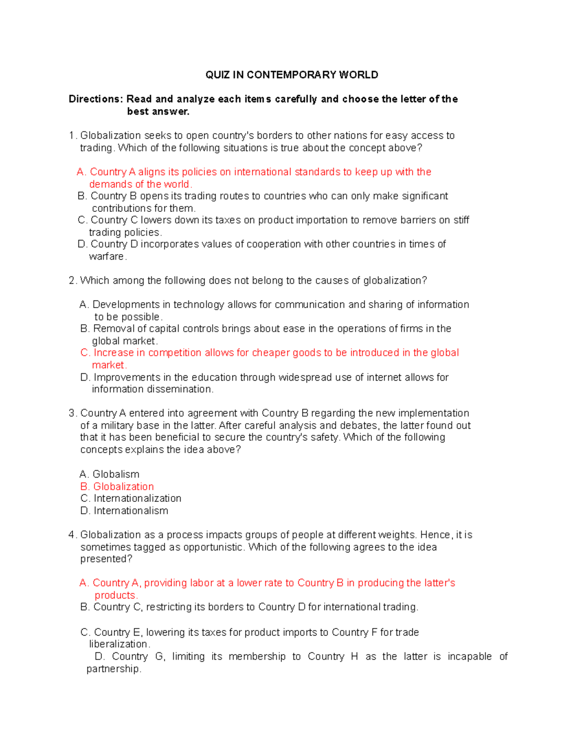 QUIZ IN Contemporary World - QUIZ IN CONTEMPORARY WORLD Directions ...