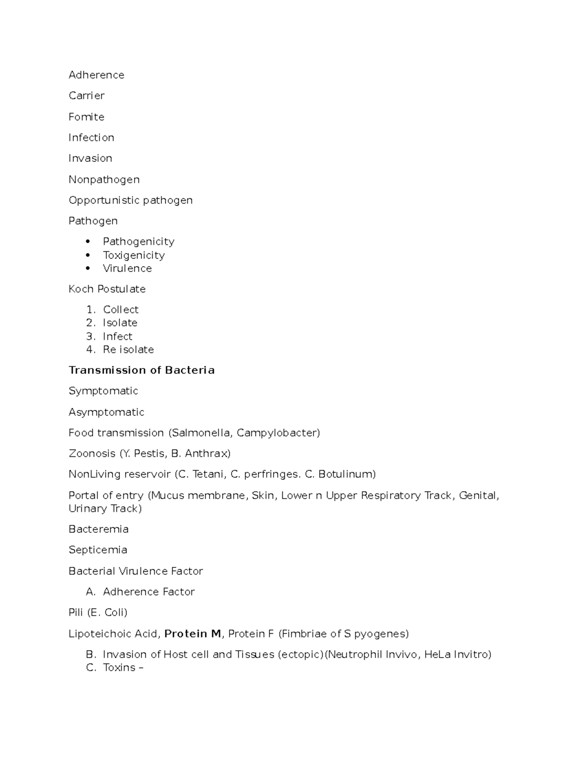 Bacte - Adherence Carrier Fomite Infection Invasion Nonpathogen ...