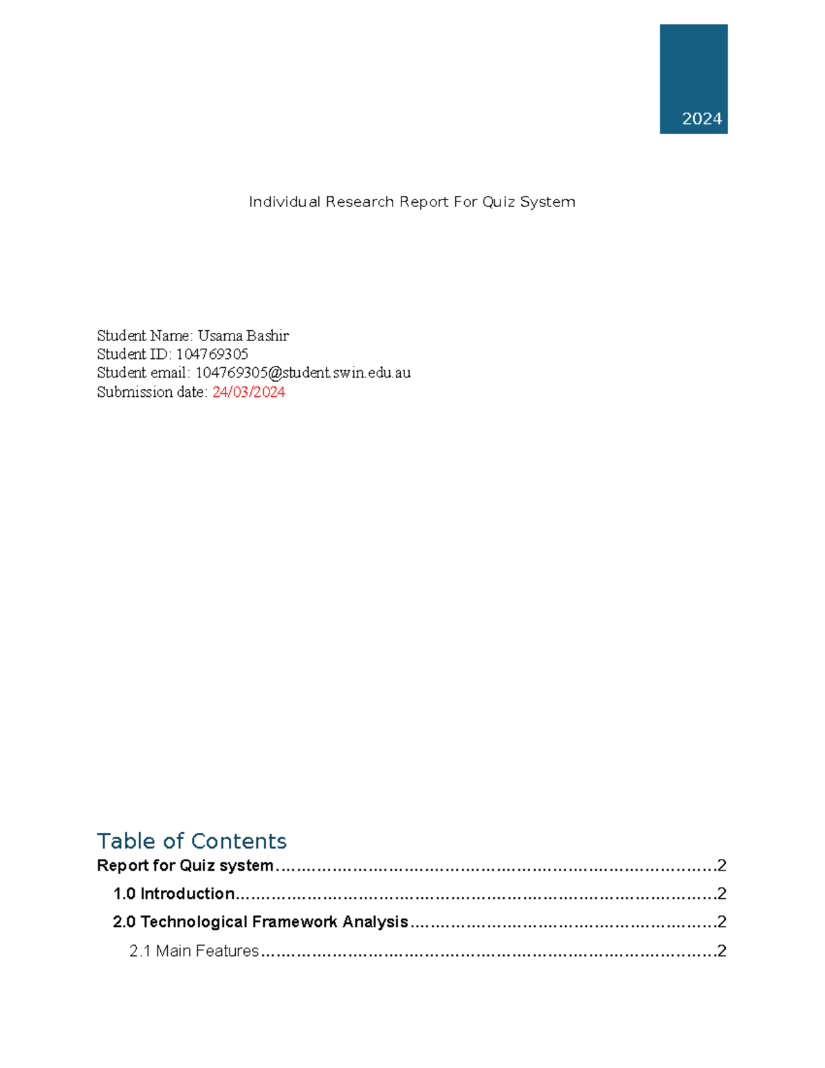 Report for Quiz system - Individual Research Report For Quiz System ...