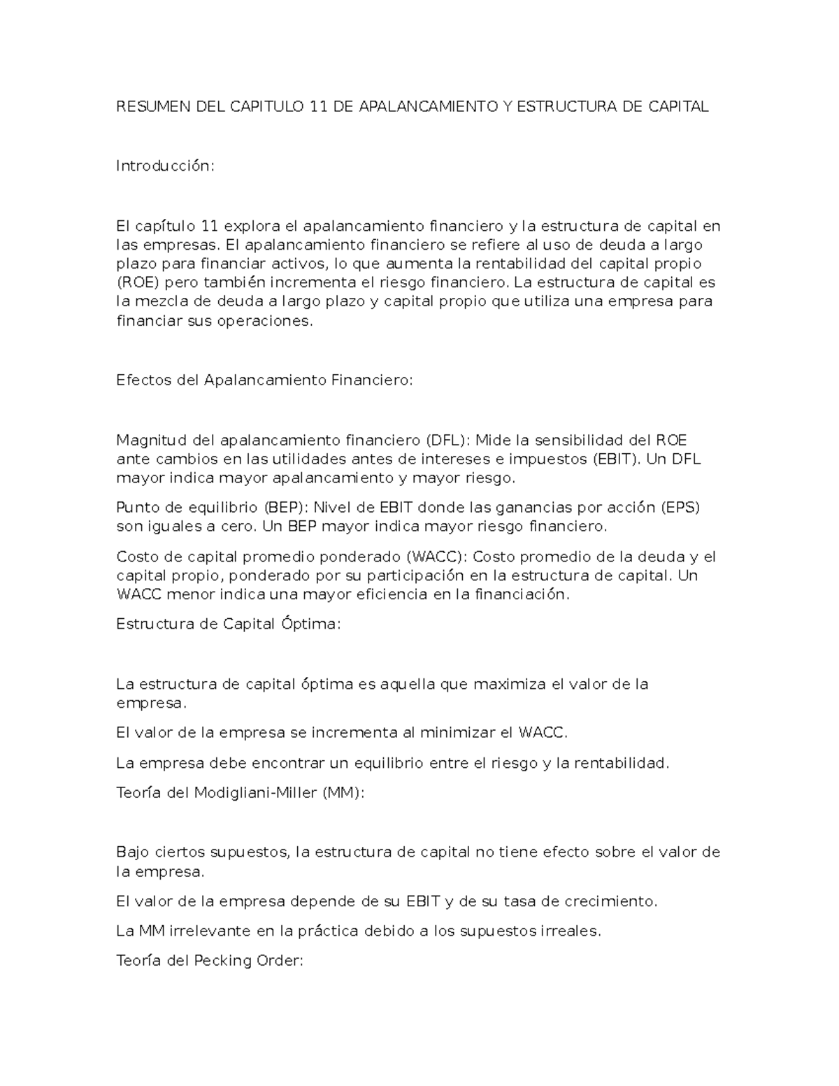 Resumen DEL Capitulo 11 DE Apalancamiento Y Estructura DE Capital ...