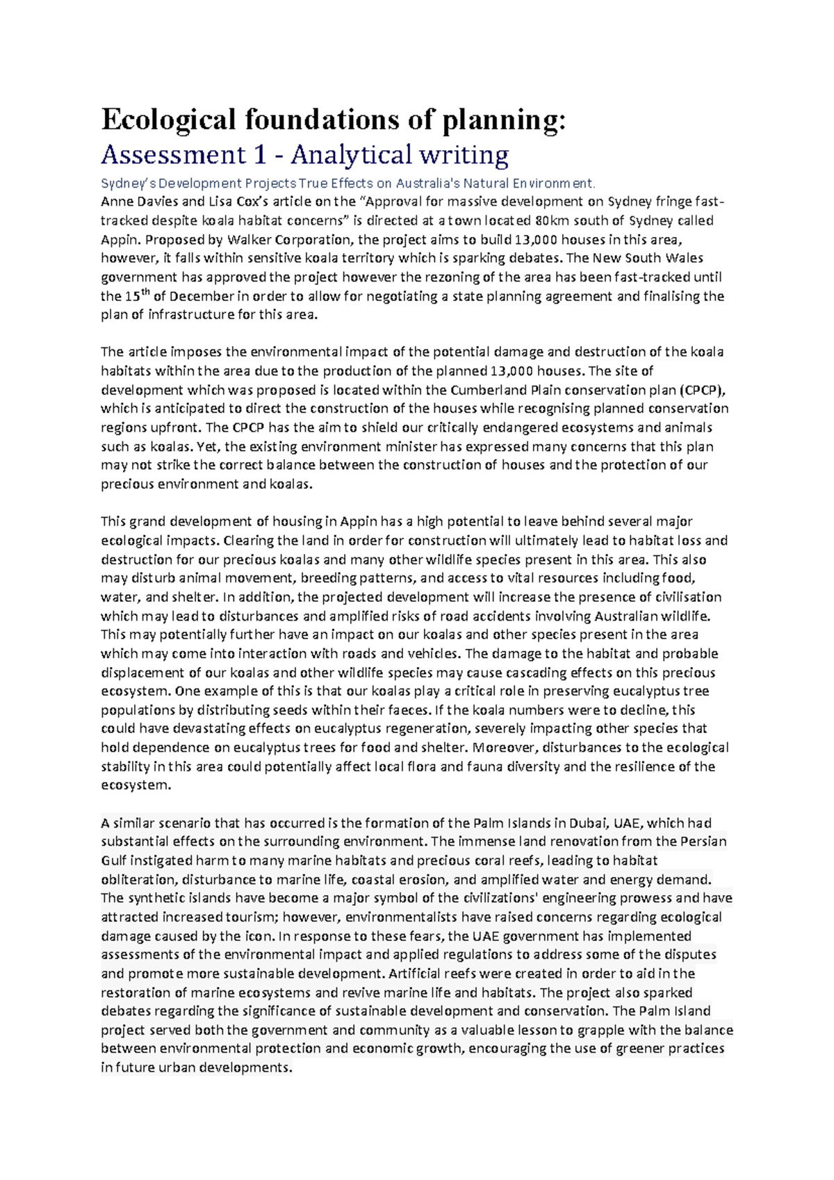 Assesment 1- pdf - Ecological foundations of planning: Assessment 1 ...