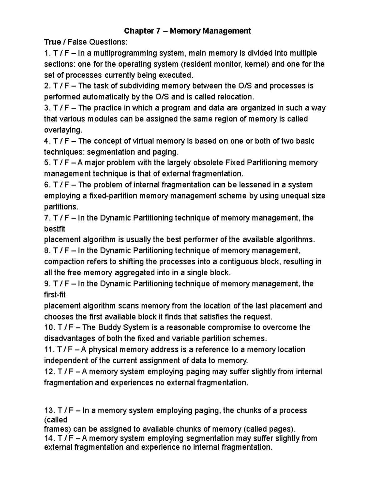 Chapter 7 - dasfe - Chapter 7 – Memory Management True / False ...