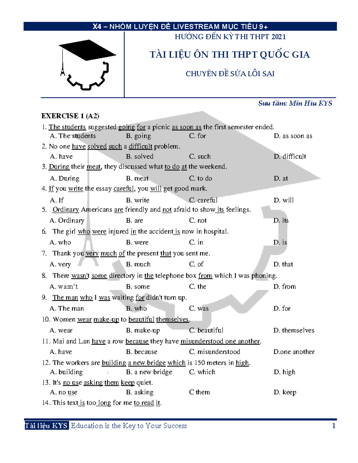 Chuyên Đề Sửa lỗi sai KYS - HƯỚNG ĐẾN KỲ THI THPT 2021 T䄃I LI쨃⌀U ‘N THI THPT QU퐃ĀC GIA CHUYÊN ...