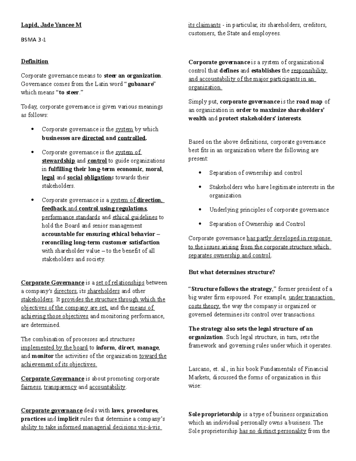Corporate-Governance-Reviewer - Lapid, Jade Yancee M BSMA 3- Definition ...