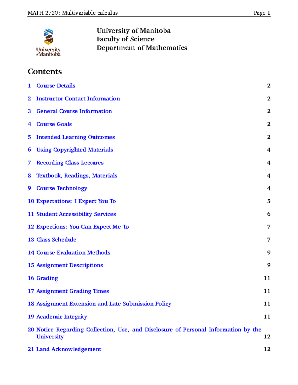 2021F MATH2720 Syllabus - University of Manitoba Faculty of Science Department of Mathematics 1 ...
