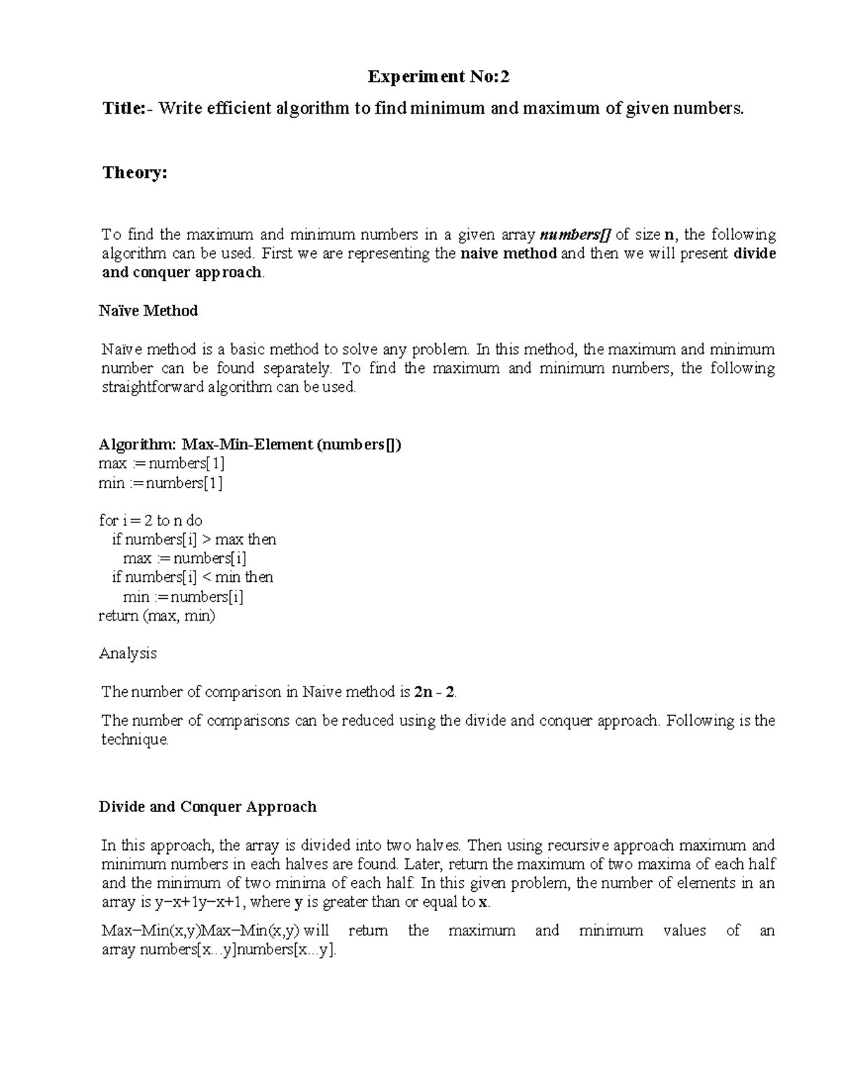 Experiment No02 Ca Practical Experiment No Title Write Efficient Algorithm To Find