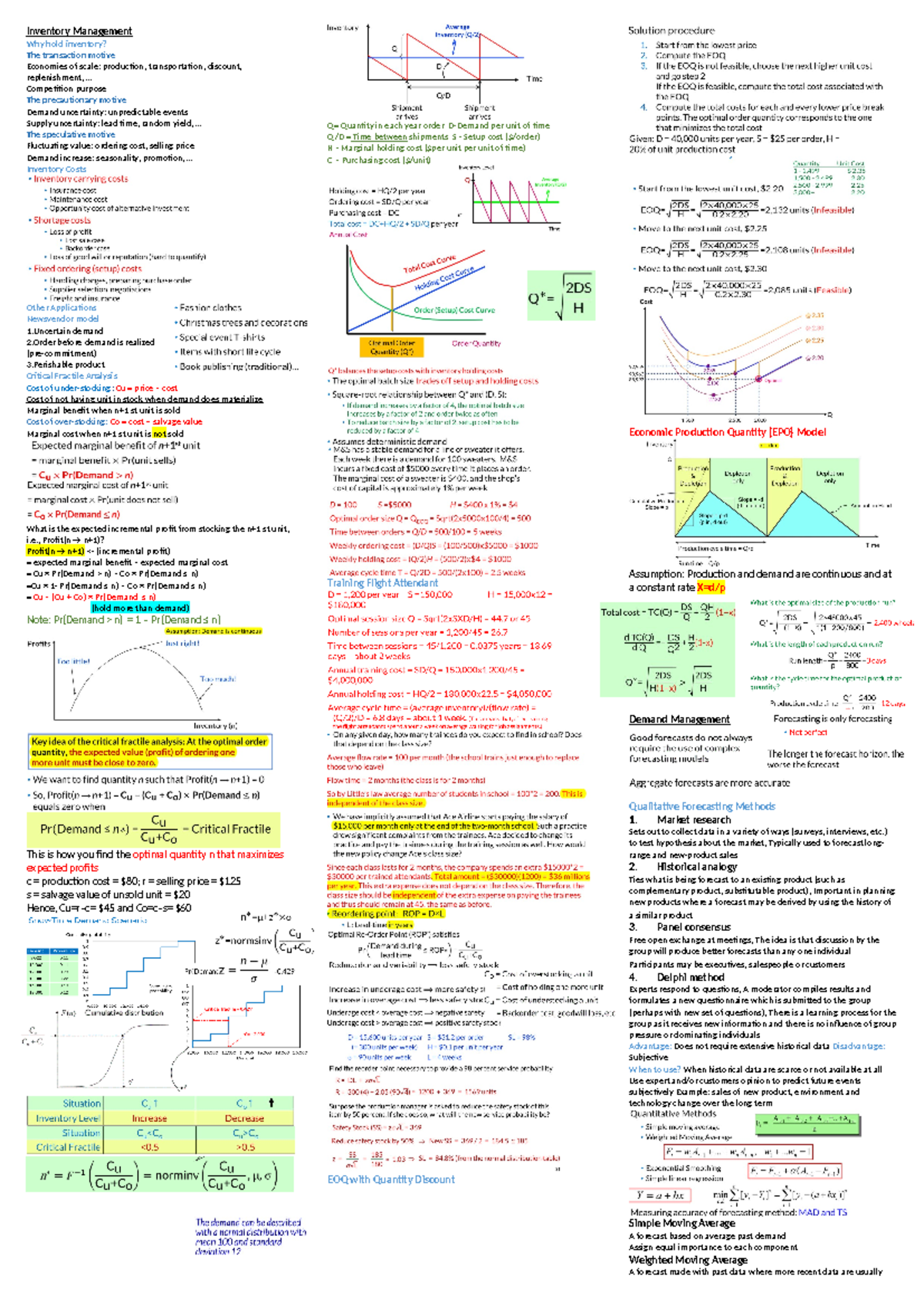 Cheat Sheet For Final - Summary Operations Management - Inventory ...
