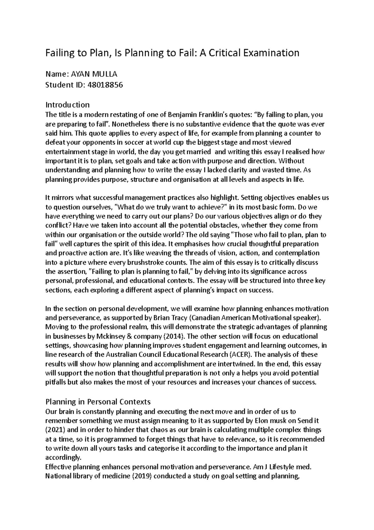 Management essay 1 - Failing to Plan, Is Planning to Fail: A Critical ...