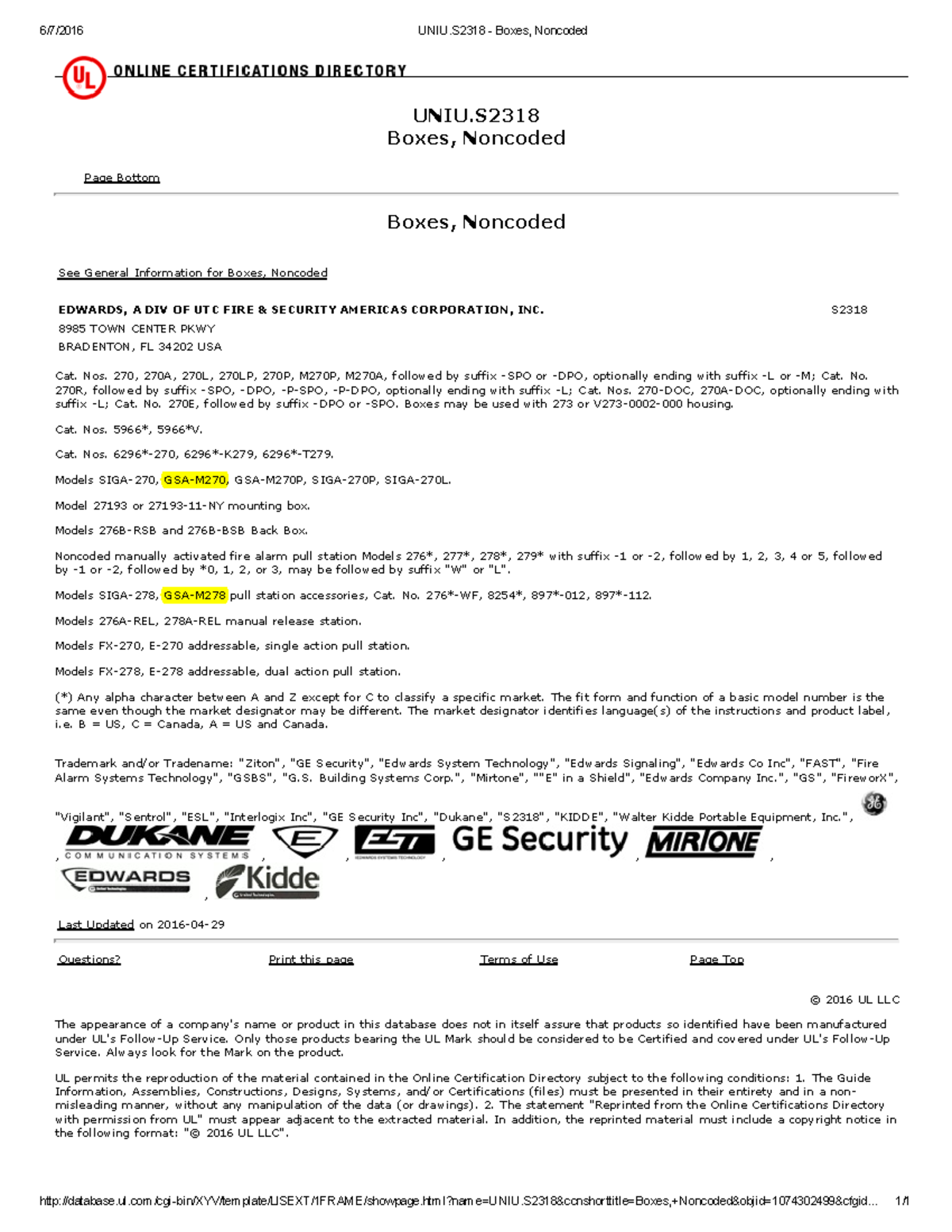 UL Certificacion Palancas Edwards - 6/7/2016 UNIU Boxes, Noncoded database.ul/cgi - Studocu
