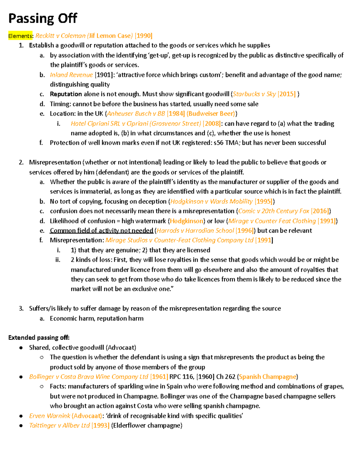 Passing Off Consolidated Notes - Passing Off Elements: Reckitt v ...