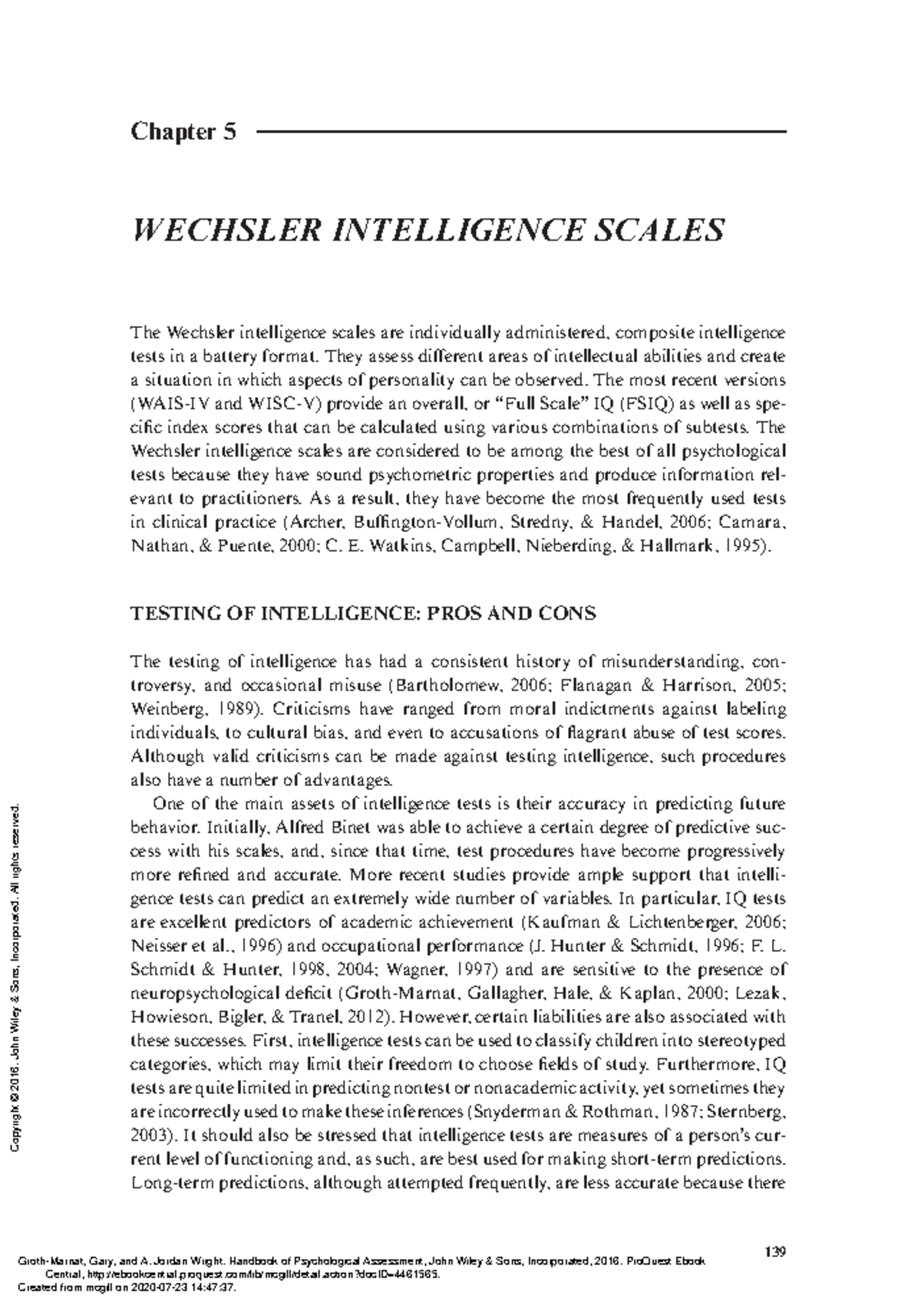 Chapter 5 Wechsler Intelligence Scales from Groth and Wright 2016 - Copy - Psyc 315 - Studocu