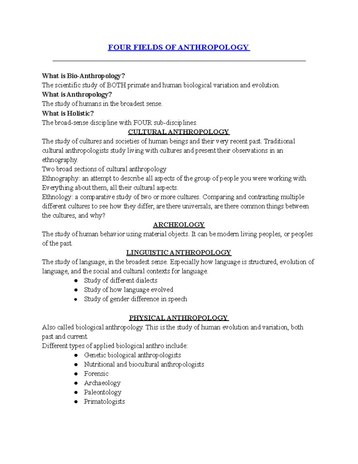 Lecture Notes ANTH - Dr. Richard Sutter - FOUR FIELDS OF ANTHROPOLOGY ...