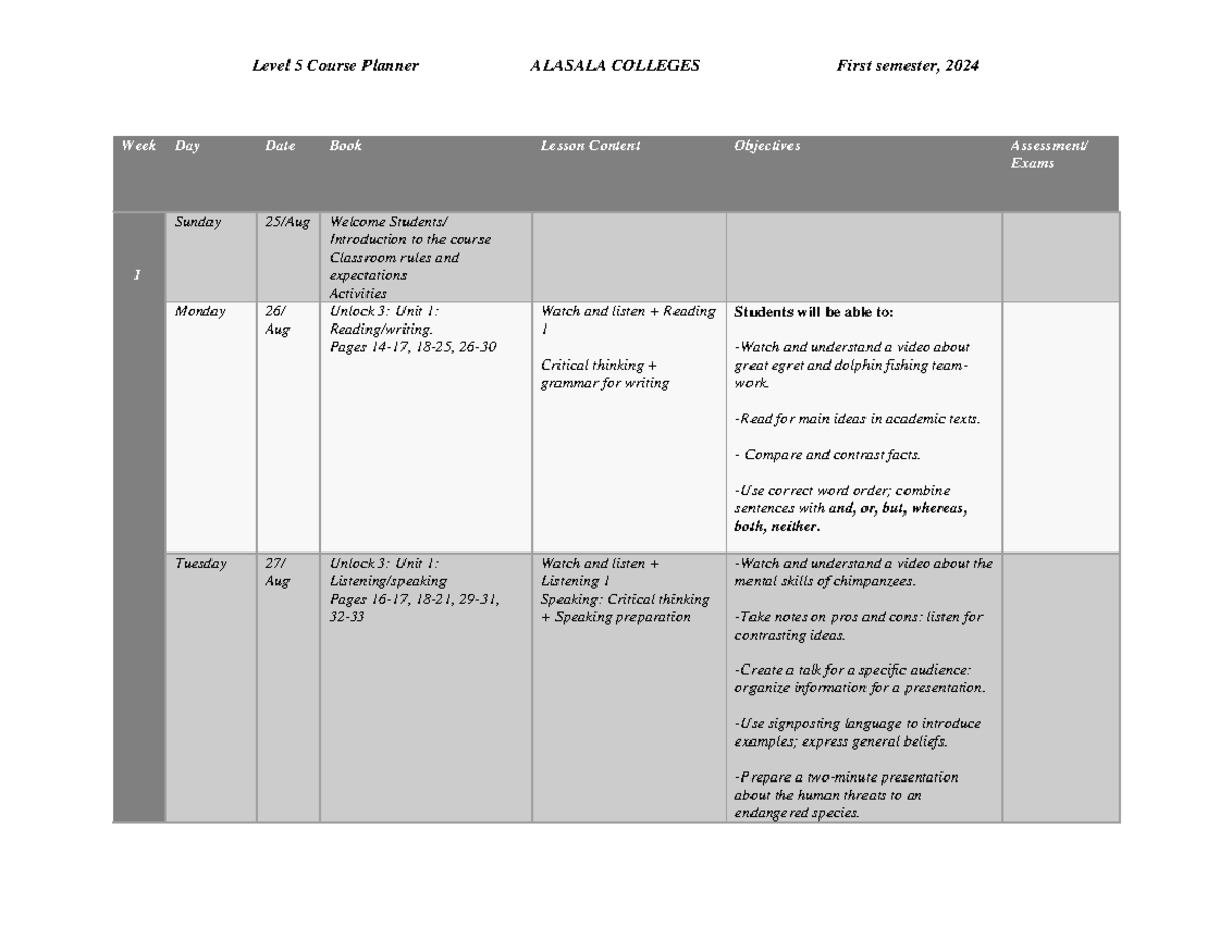ILI Course Planner Level 5 - Week Day Date Book Lesson Content ...