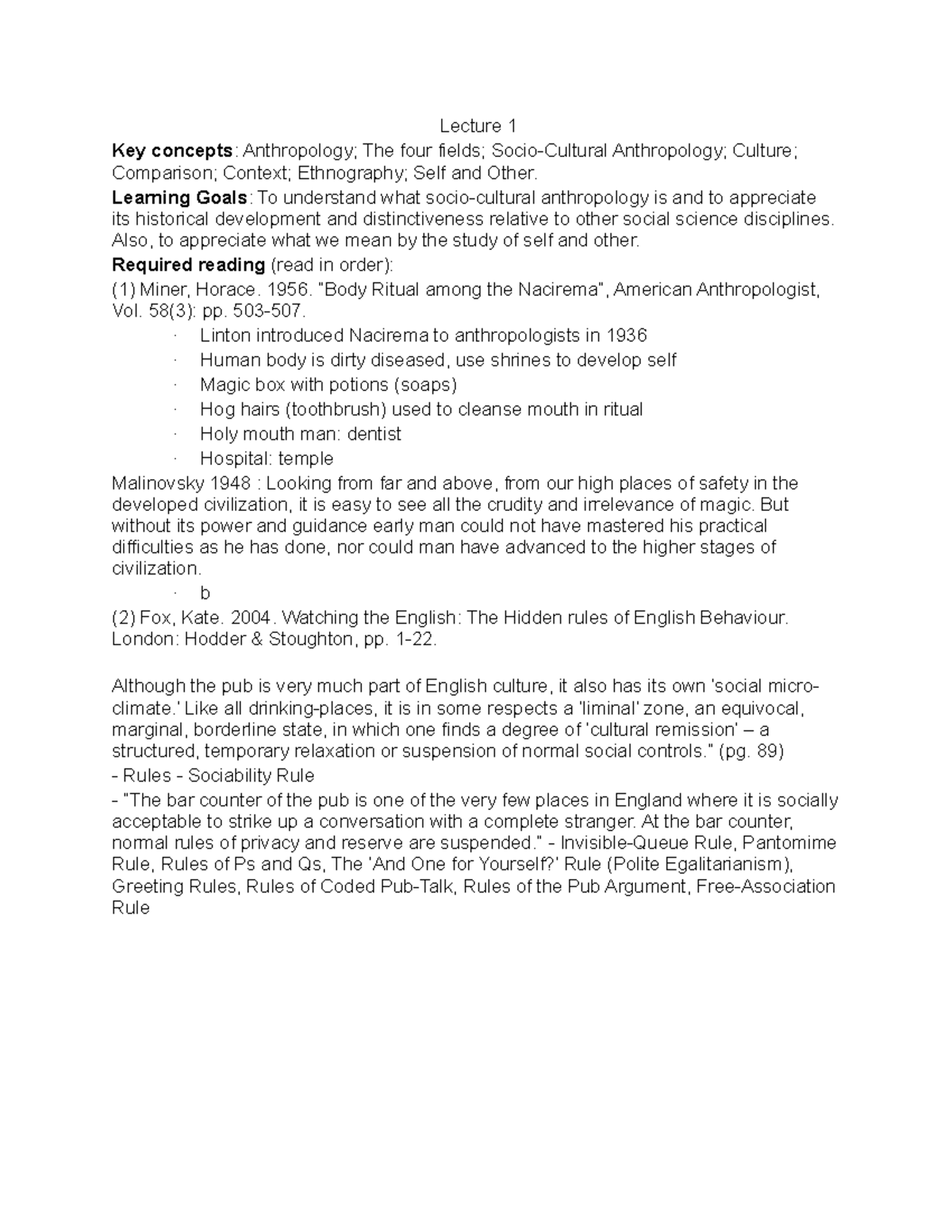 Anthropology Required Reading Notes Lecture 1 Key Concepts