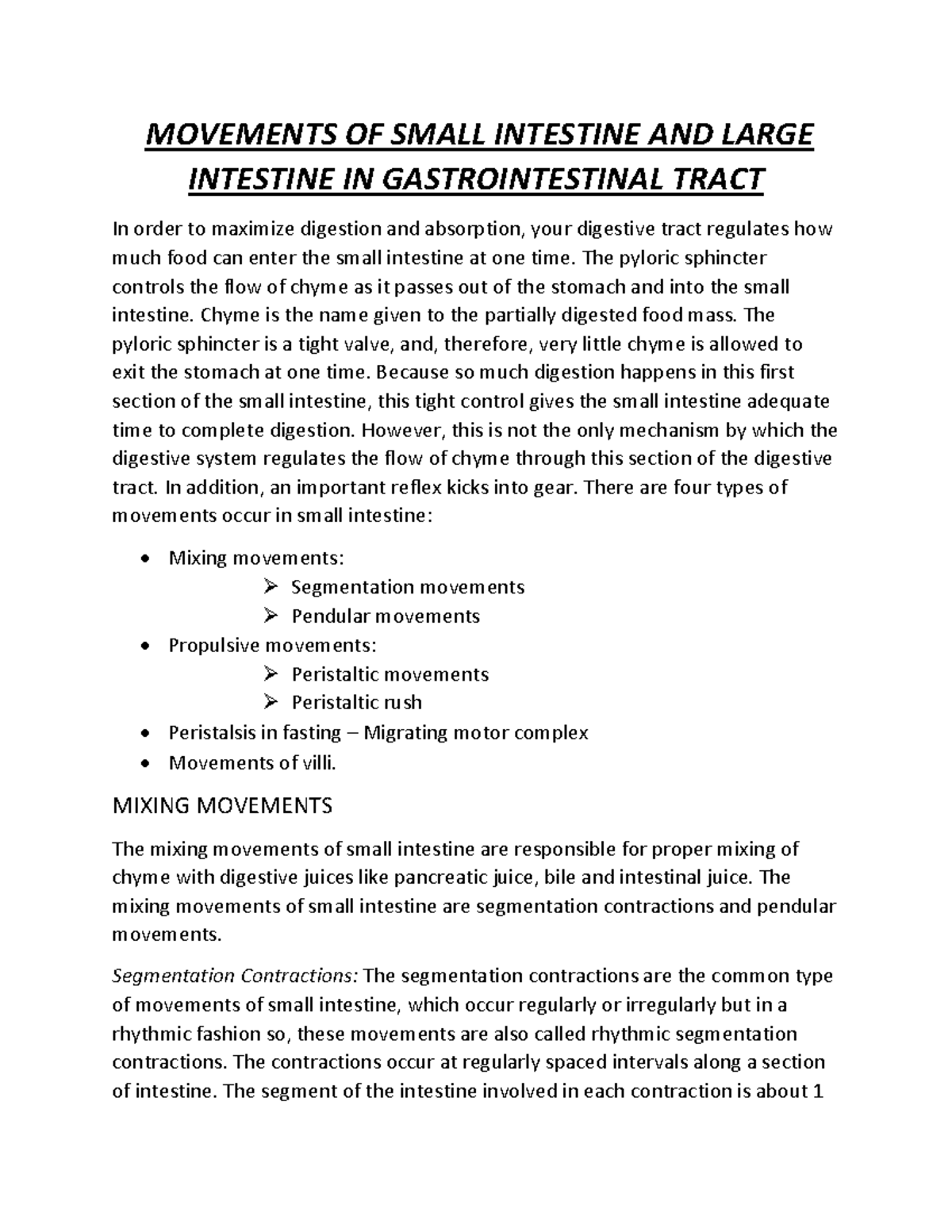 Movements OF Small Intestine AND Large Intestine IN Gastrointestinal ...