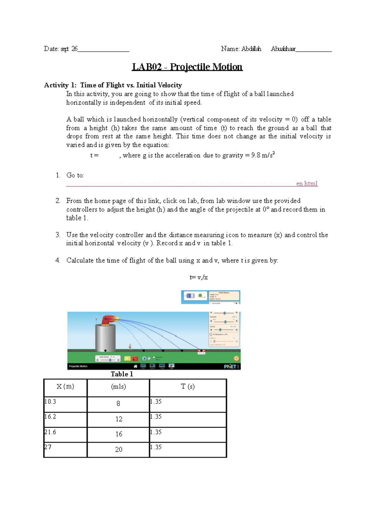 Lab02 - Projectile Motion - Bachelor of science in economics - Studocu
