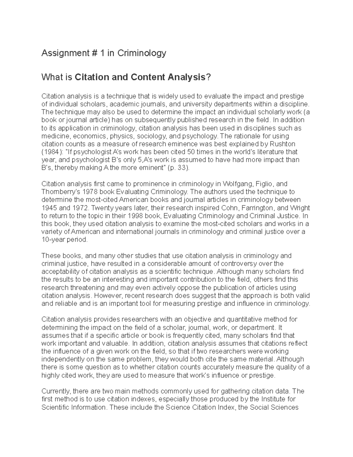 Assignment 1 in criminology What is Citation and Content Analysis ...