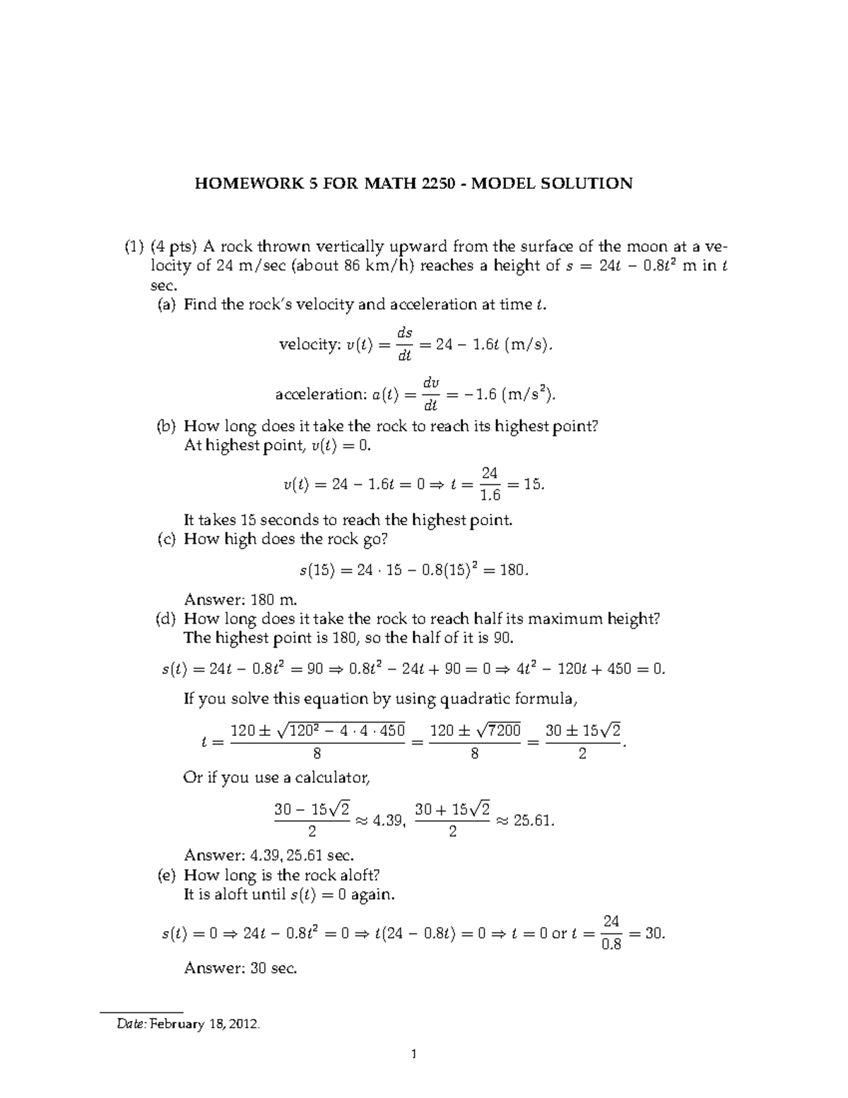 Homework 5 Model Solution - HOMEWORK 5 FOR MATH 2250 - MODEL SOLUTION ...
