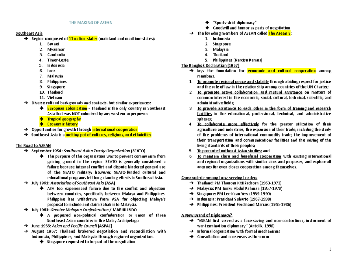 L Casean Notes - Includes the making of ASEAN, The Bangkok Declaration ...