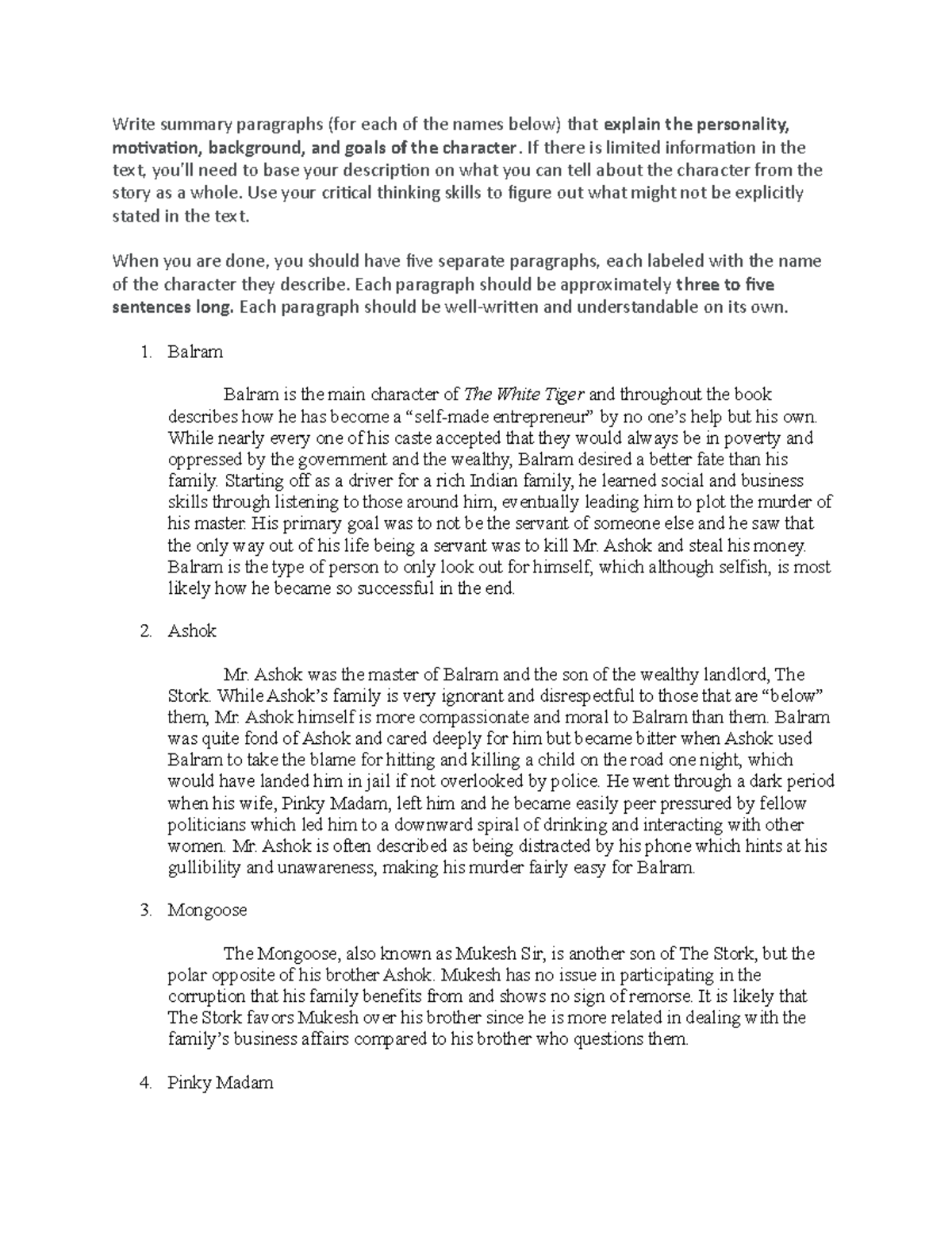 White Tiger Character Summary - Write summary paragraphs (for each of ...