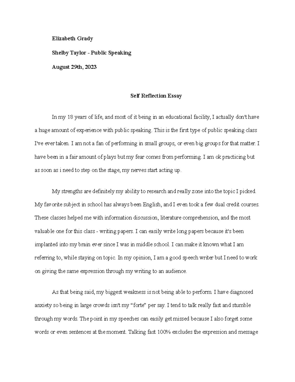 Self Reflection Essay - Elizabeth Grady Shelby Taylor - Public Speaking ...