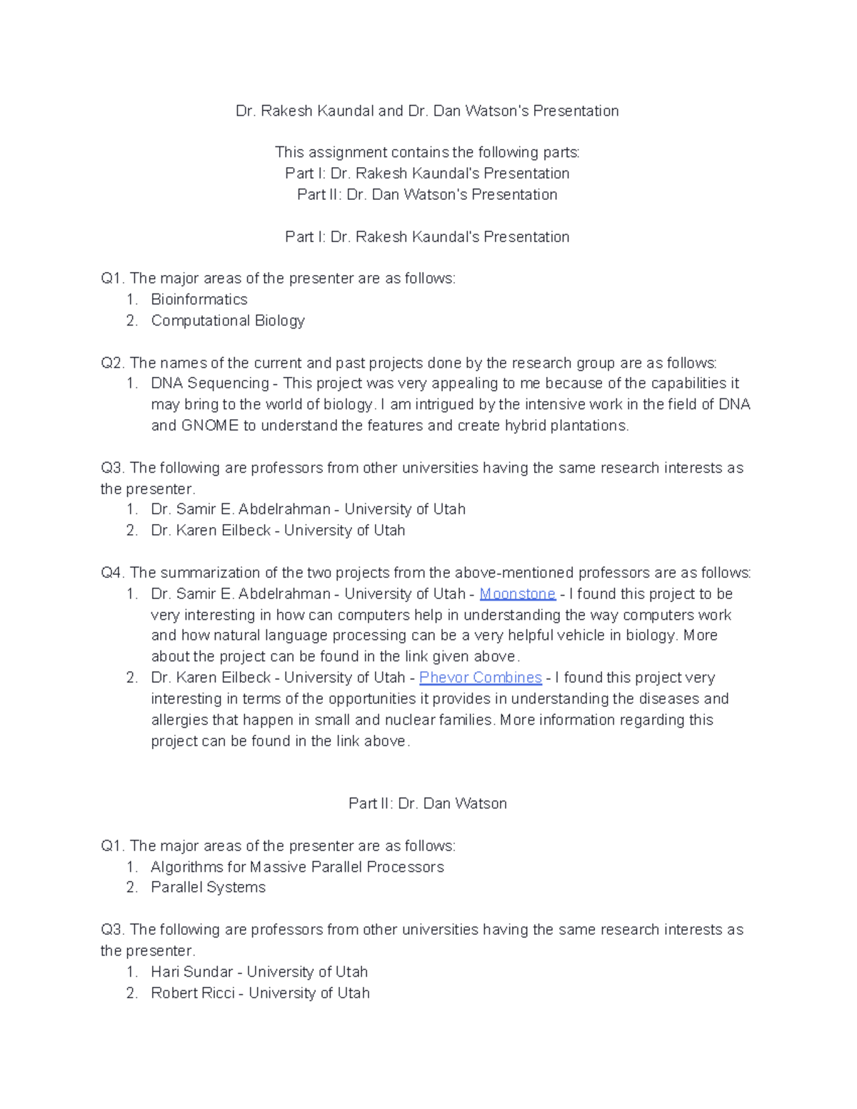 Assignment - Lecture notes 1 - Dr. Rakesh Kaundal and Dr. Dan Watson’s ...