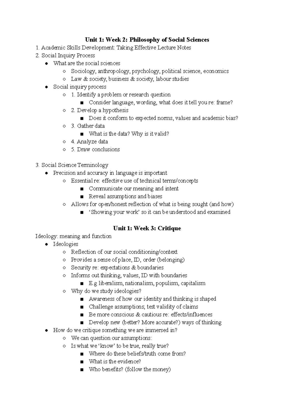Sosc 1000 Notes From Lecture Unit 1 Week 2 Philosophy Of Social Sciences Academic Skills