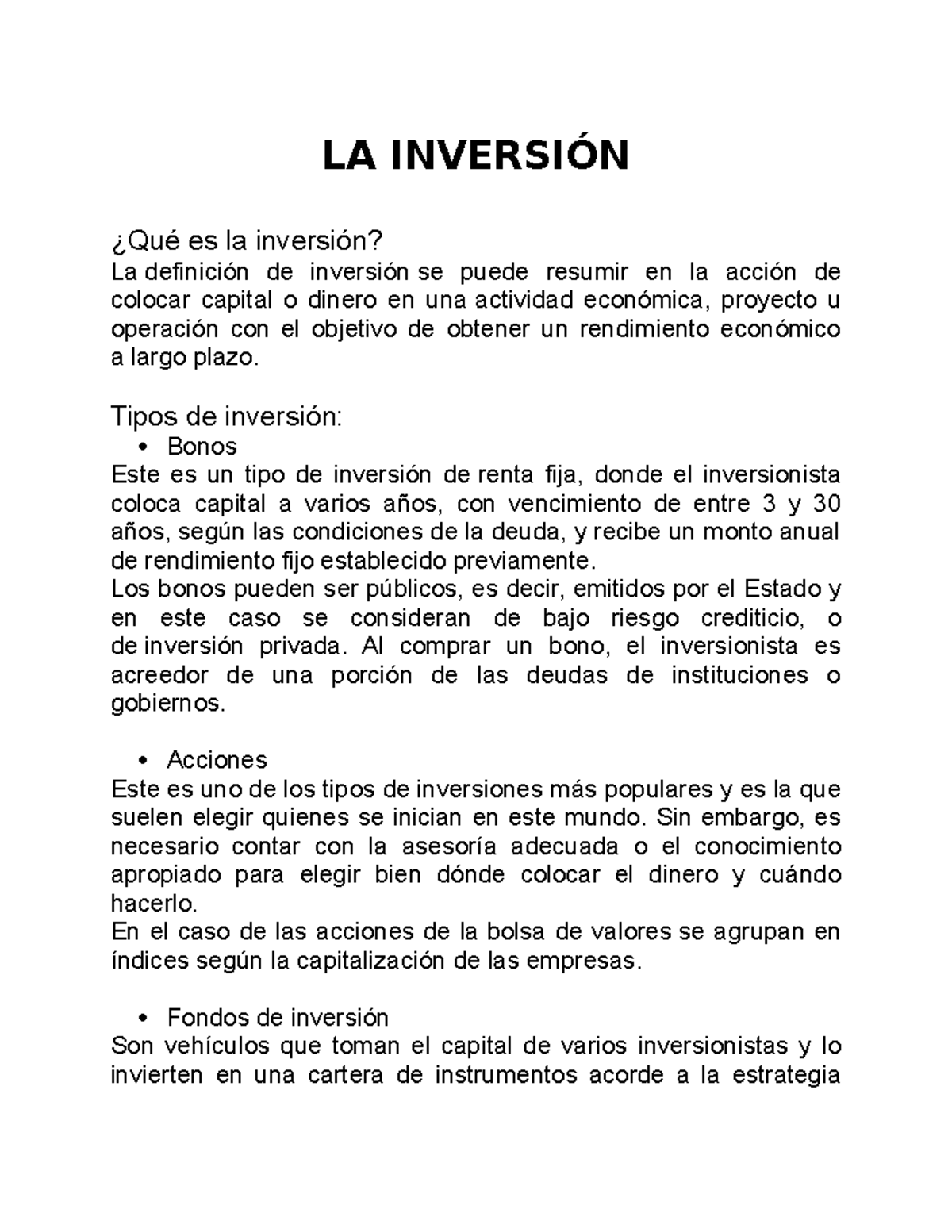 Informe lunes Economia - LA INVERSIÓN ¿Qué es la inversión? La ...