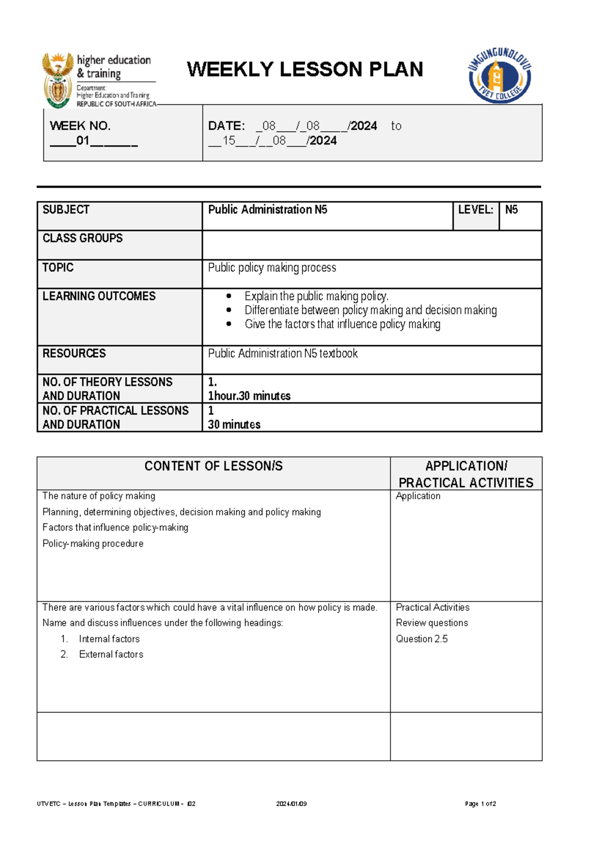 P.A n5 - Public administration n5 lesson plan - WEEKLY LESSON PLAN WEEK ...