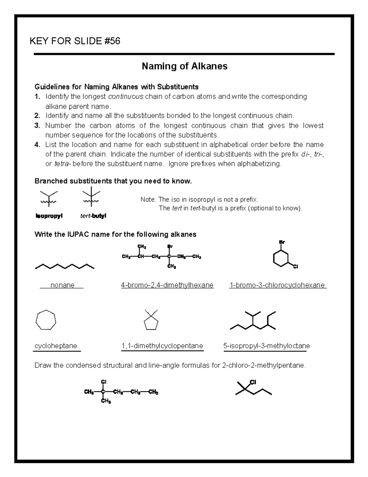 Naming Alkanes Key - KEY FOR SLIDE Naming of Alkanes Guidelines for ...