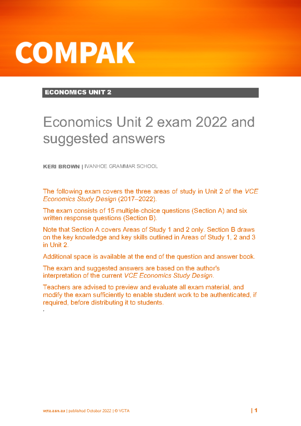 Compak 2022 - Unit 2 Exam - ECONOMICS UNIT 2 Economics Unit 2 exam 202 ...
