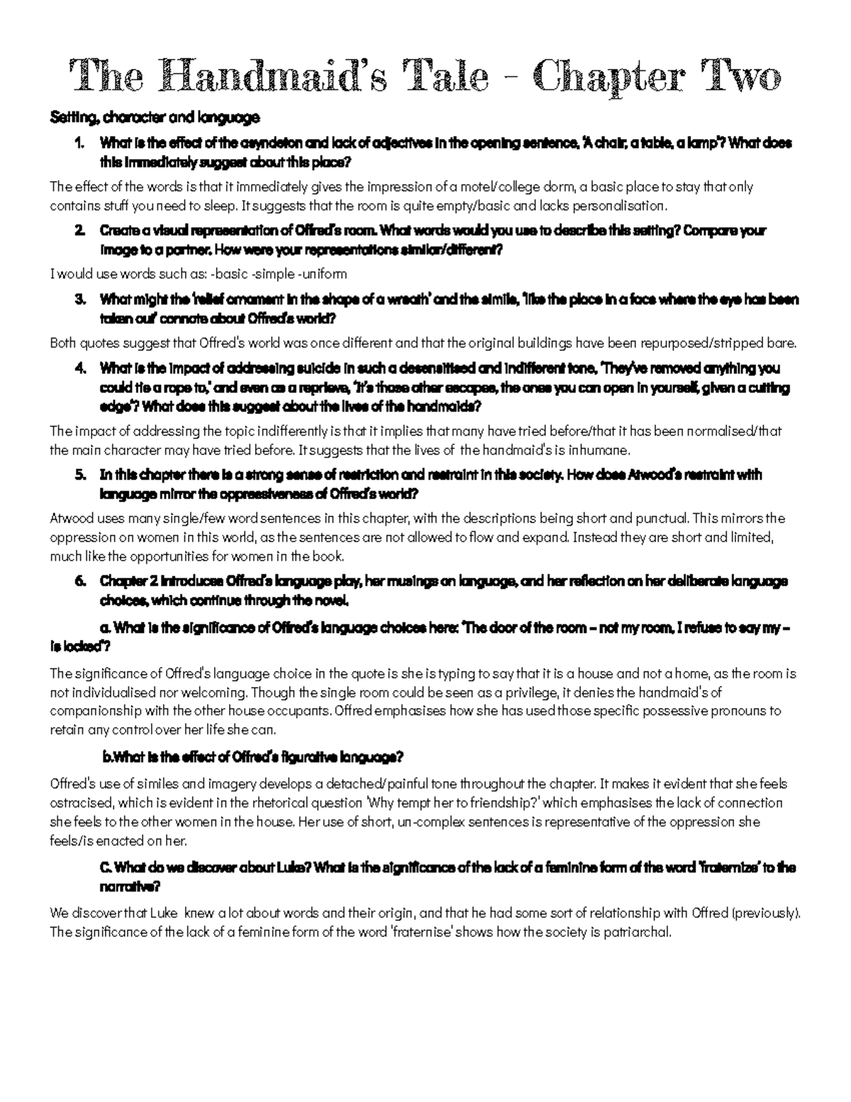 Handmaid questions - notes on chapter 2 - Studocu