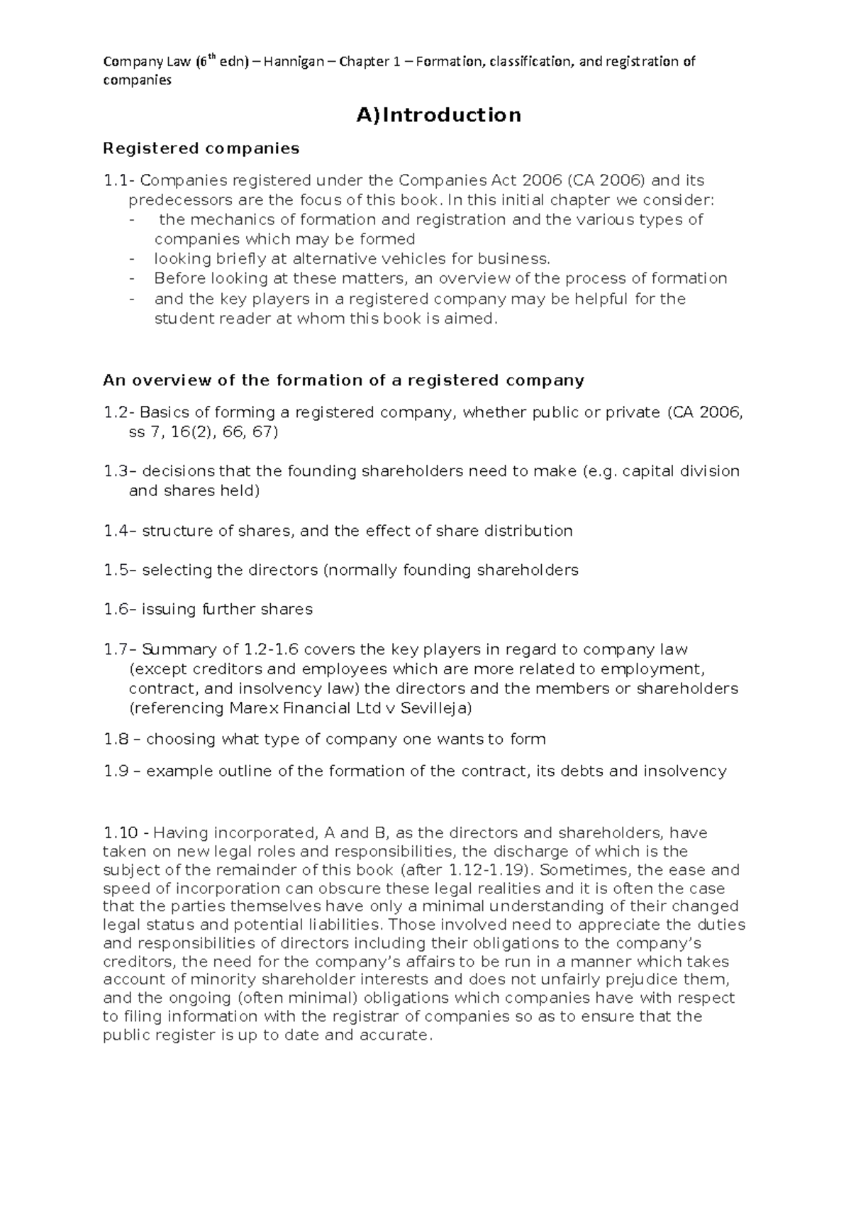 3) Company Law (6th edn) – Hannigan – Chapter 1 – Formation ...