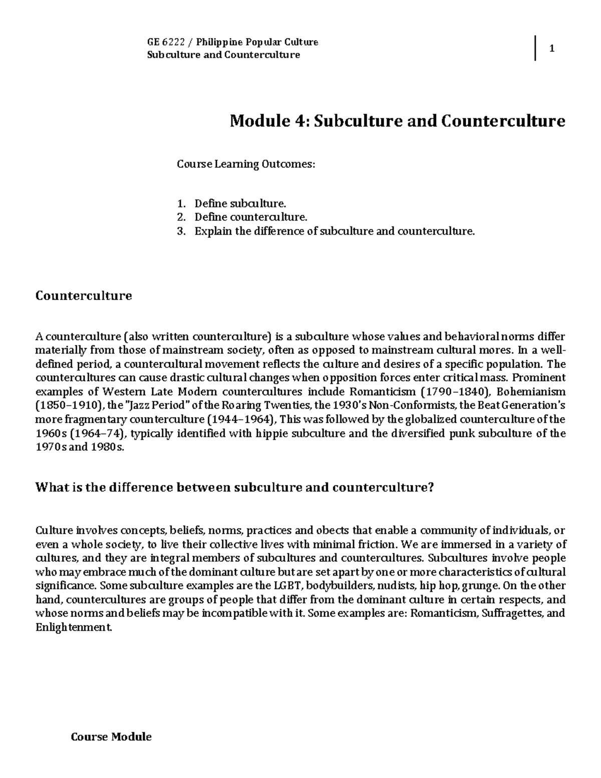 W3-4 Module 004 Subculture and Counterculture - GE 6222 / Philippine ...