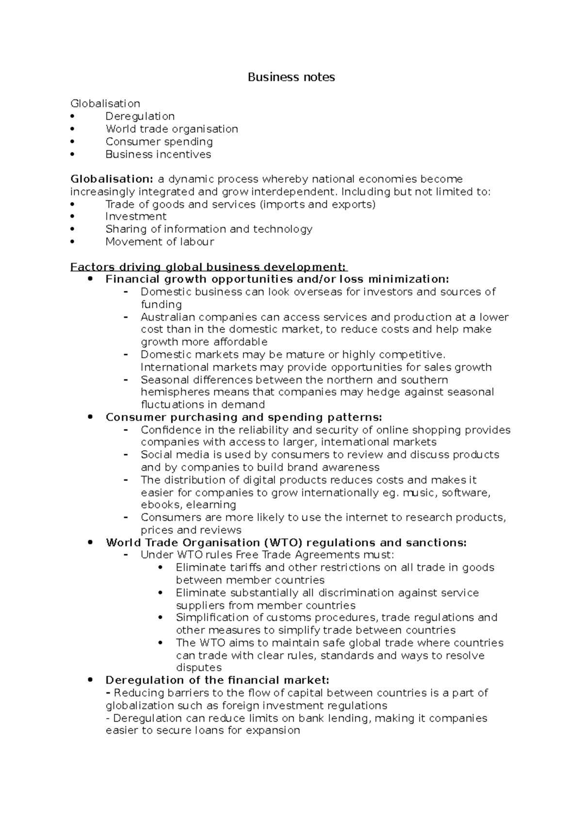 Business notes - Business notes Globalisation Deregulation World trade ...