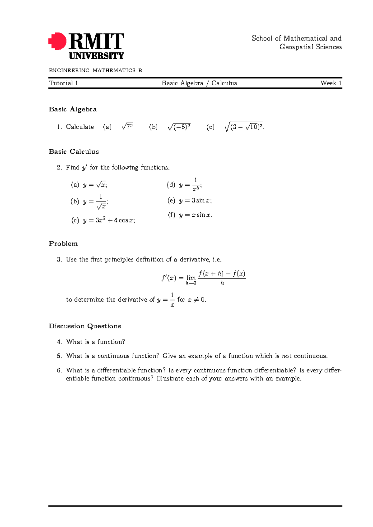 Tutorial 1 - ,,,, - School of Mathematical and Geospatial Sciences ...