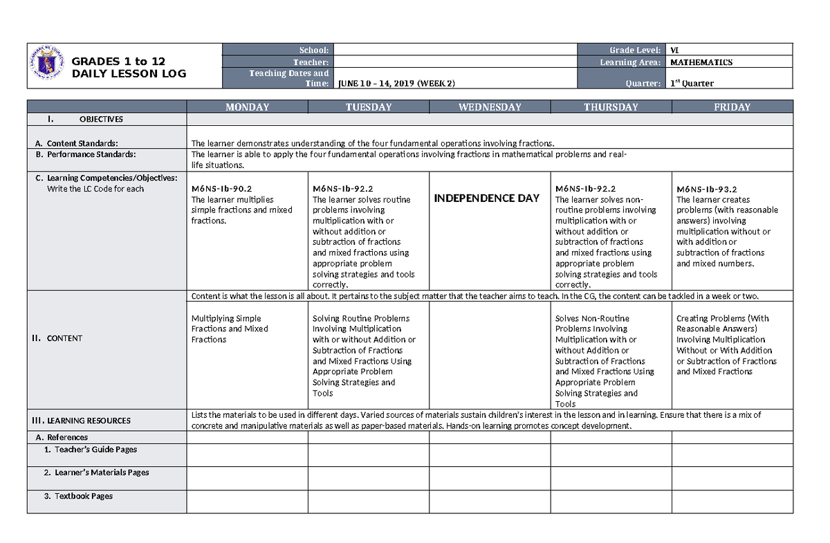 DLL Mathematics 6 Q1 W2 - GRADES 1 to 12 DAILY LESSON LOG School: Grade Level: VI Teacher ...