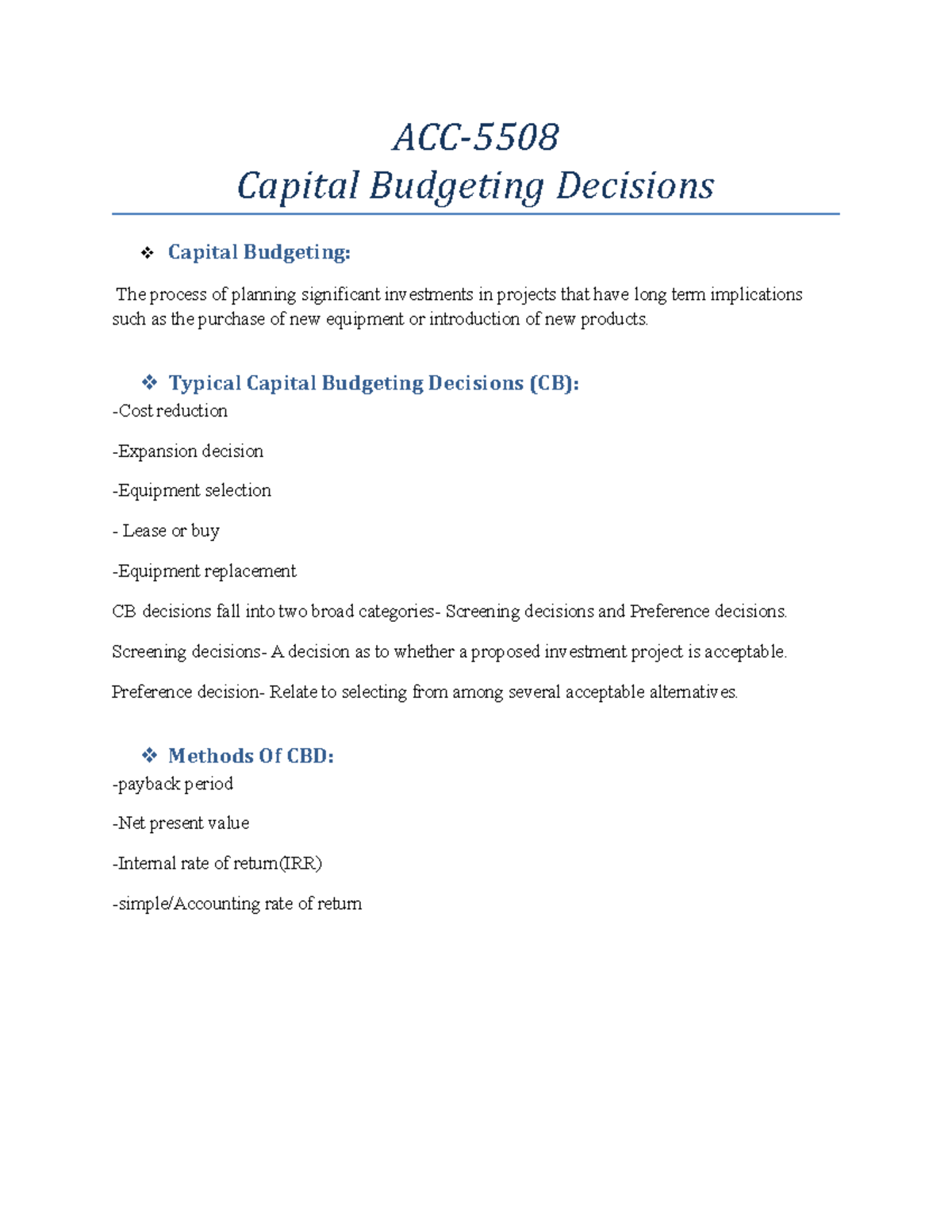 Chapter 8 Capital Budgeting Decisions - ACC- Capital Budgeting ...