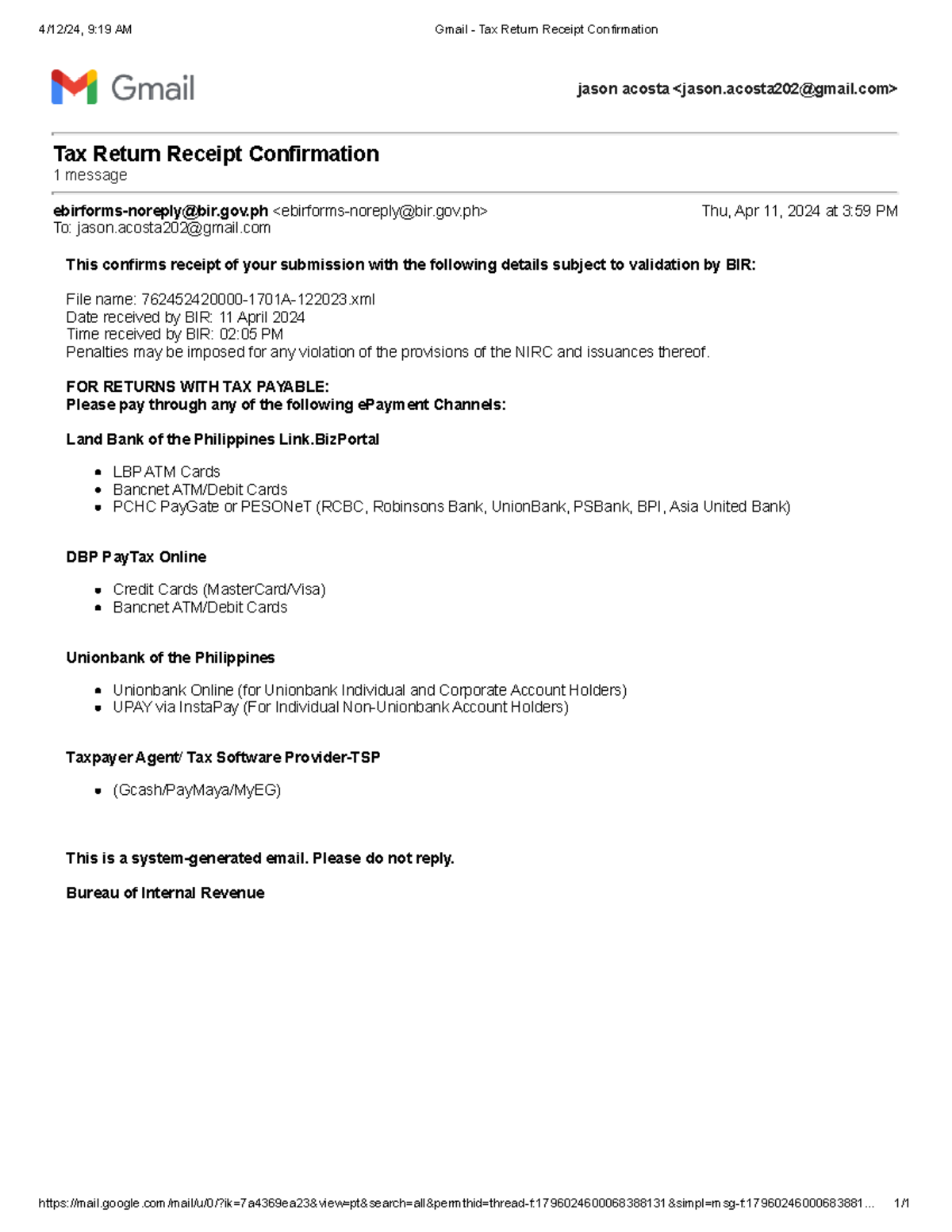 Gmail - Tax Return Receipt Confirmation - - Studocu