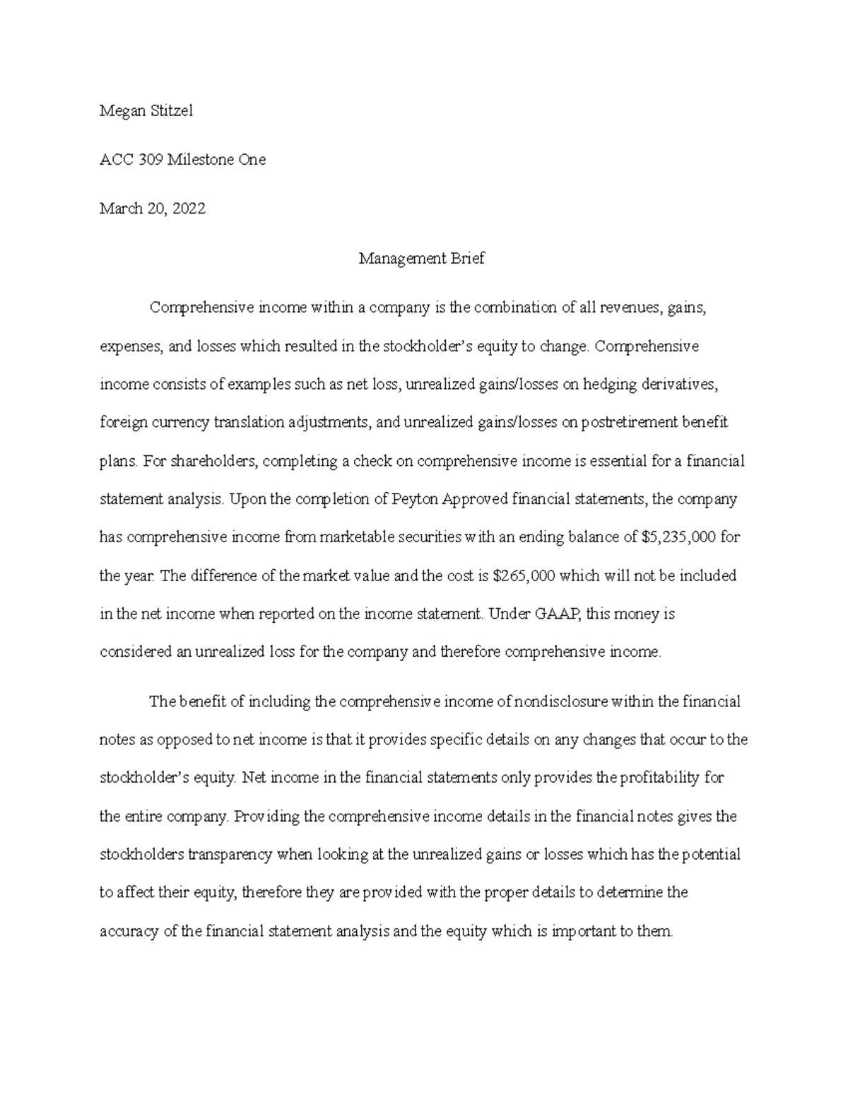 ACC309 Management Brief Milestoneone - ACC309 - SNHU - Studocu