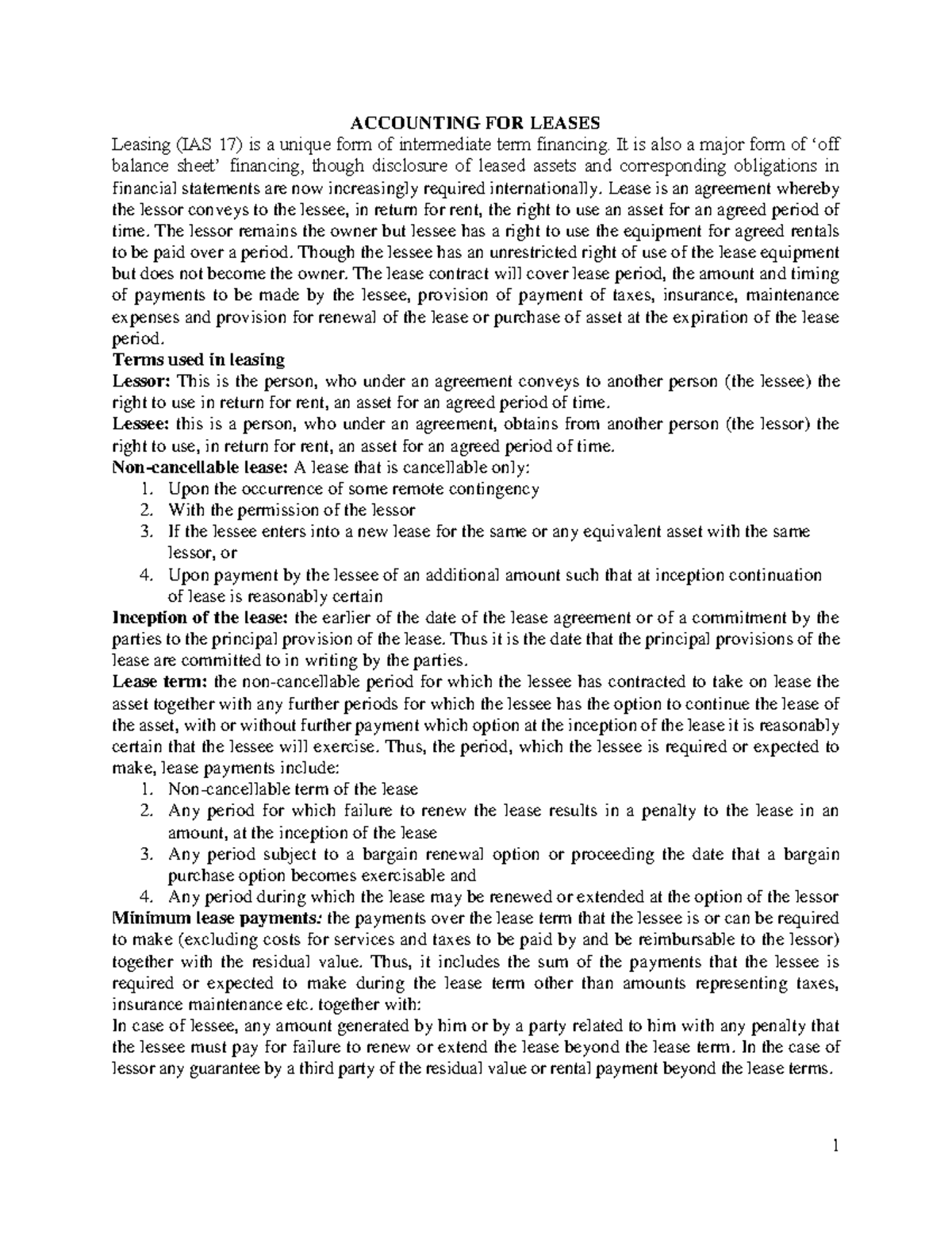 Accounting FOR Leases - ACCOUNTING FOR LEASES Leasing (IAS 17) is a ...