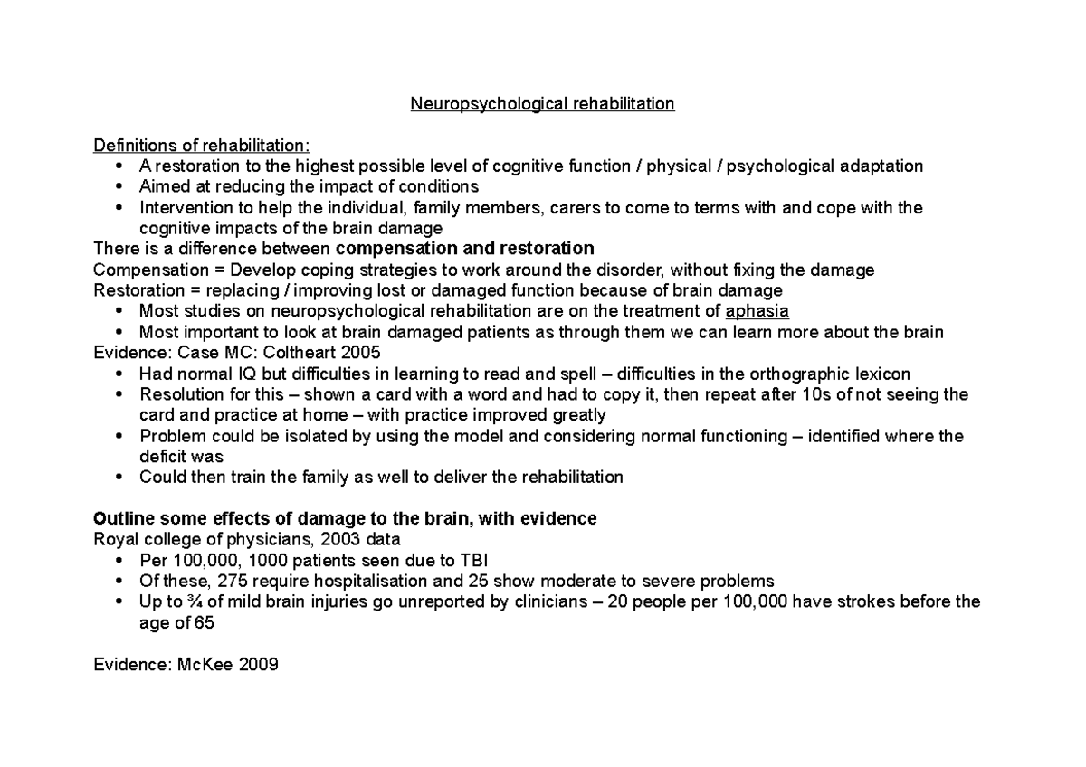 Neuropsychological rehabilitation practice questions ...