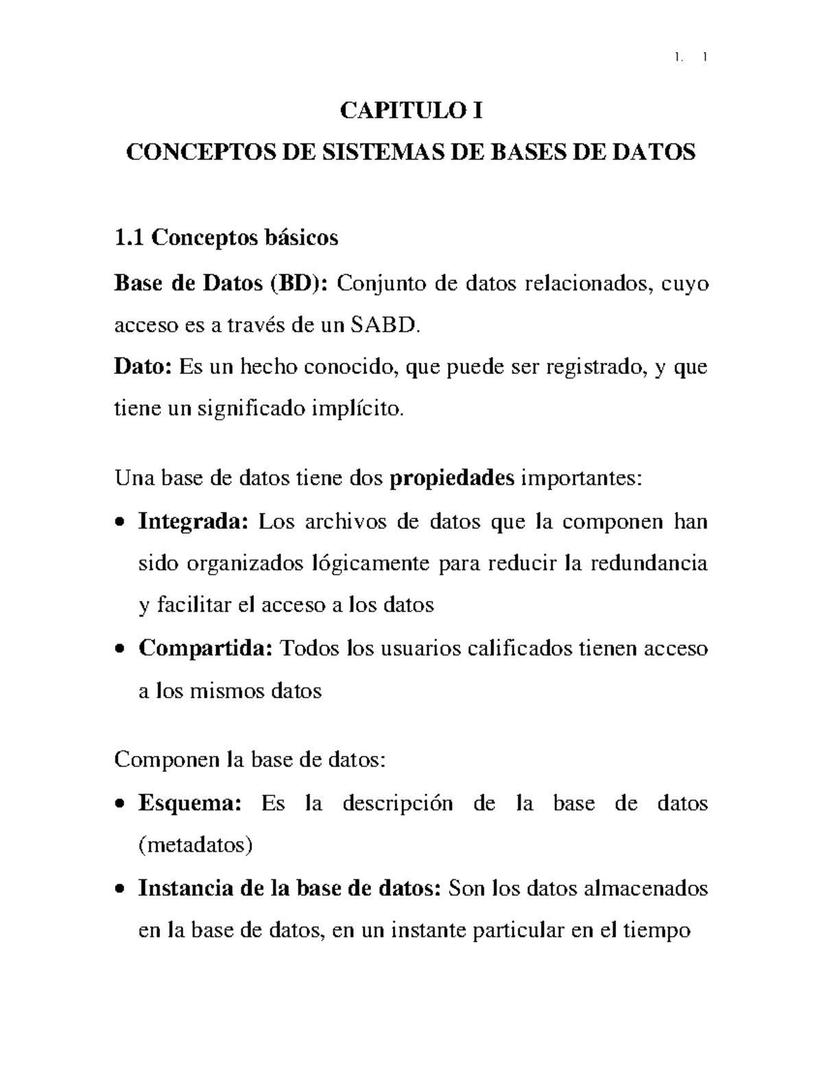Capitulo 1 - Material base de datos - CAPITULO I CONCEPTOS DE SISTEMAS DE BASES DE DATOS 1 ...