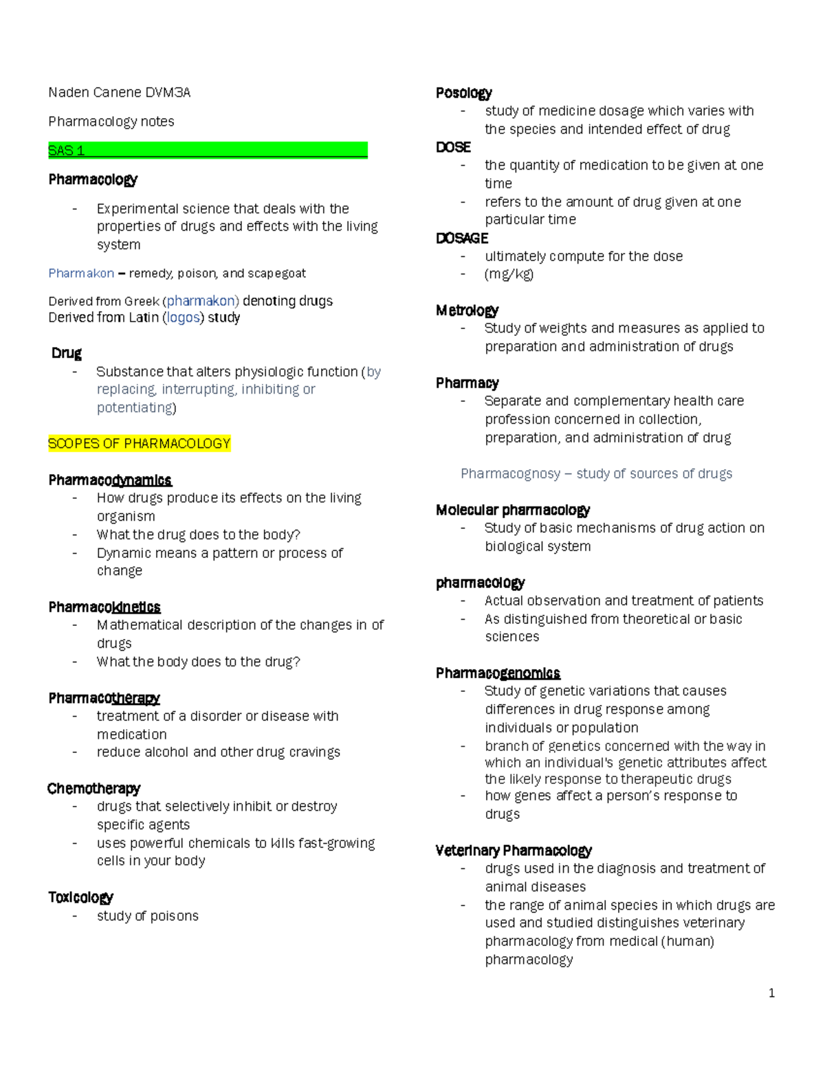 Pharmacology notes - Naden Canene DVM3A Pharmacology notes SAS - Studocu