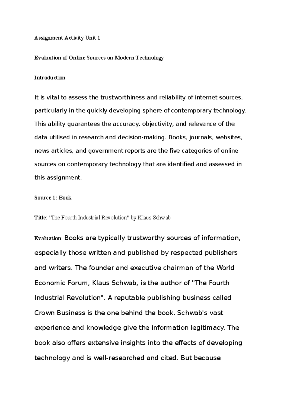 ENGL 1102-01 Assignment Activity Unit 1 - Assignment Activity Unit 1 Evaluation of Online ...