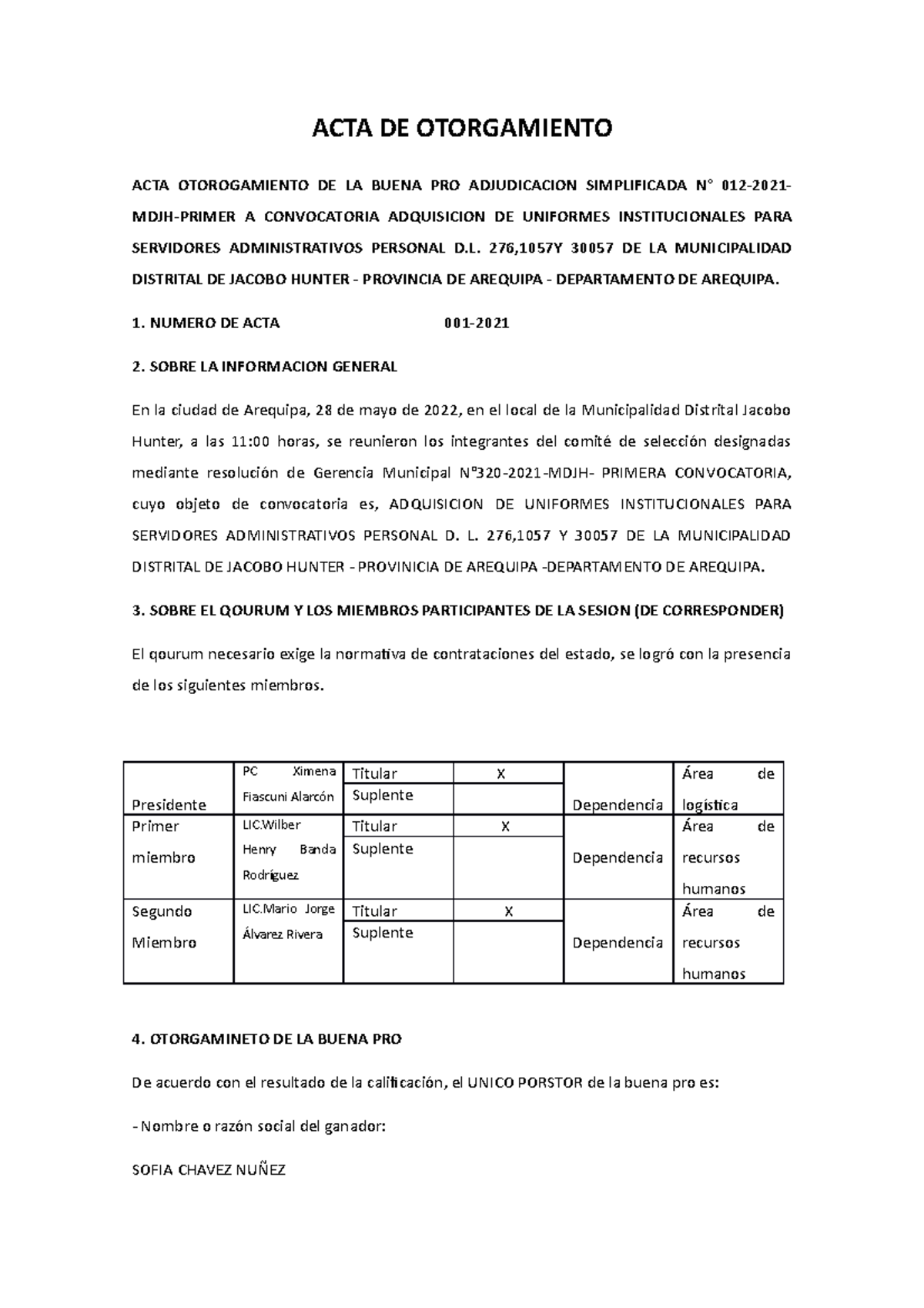 ACTA DE Otorgamiento ta 1 - ACTA DE OTORGAMIENTO ACTA OTOROGAMIENTO DE ...